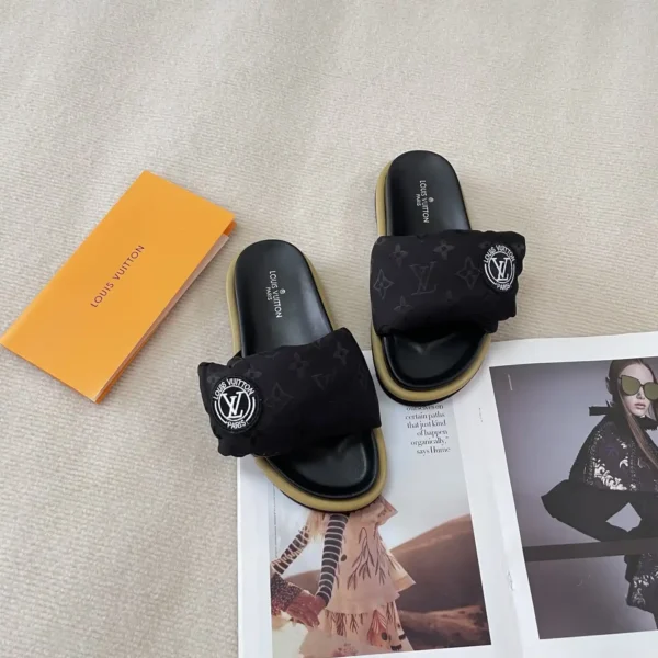 LV Black puffy silk slip ons – The Jewellery Effect